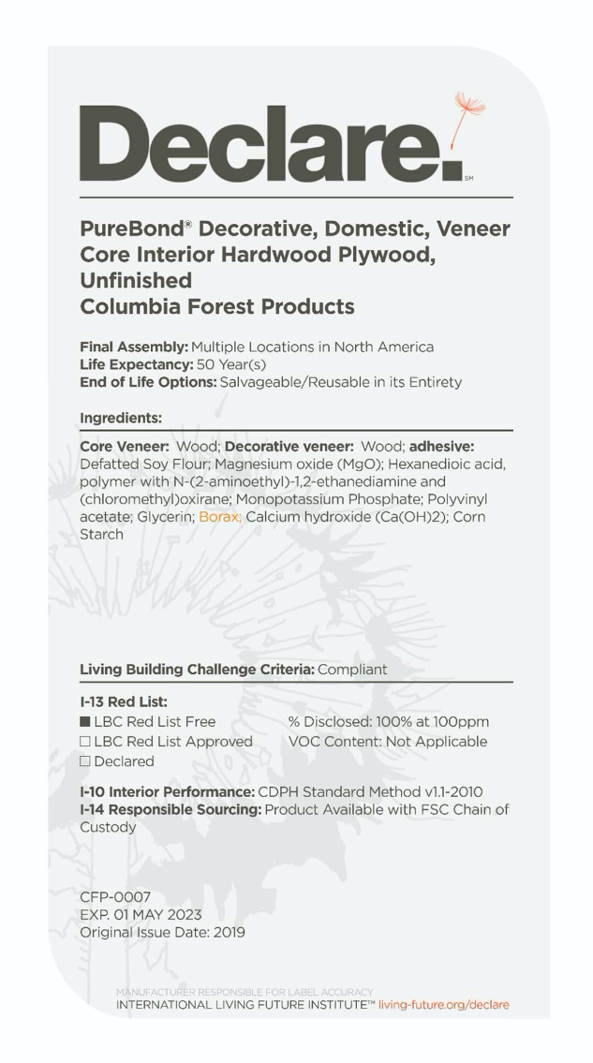 Columbia Renews PureBond® Declare® Transparency Declaration Label ...